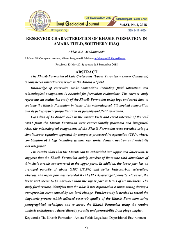 (PDF) Reservior Characteristics of Khasib Formation in Amara Field ...