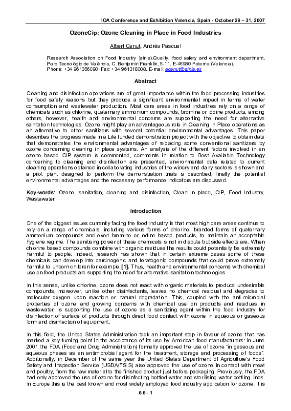 (PDF) OzoneCip: Ozone Cleaning in Place in Food Industries