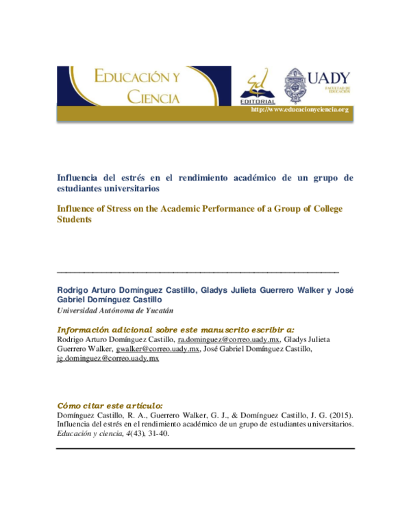 (PDF) Influencia del estrés en el rendimiento académico de un grupo de ...