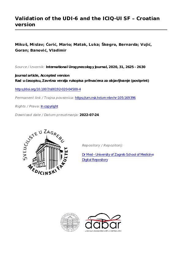(PDF) Validation of the UDI-6 and the ICIQ-UI SF – Croatian version ...