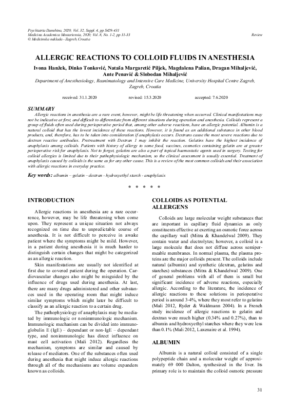 (PDF) Allergic reactions to colloid fluids in anesthesia