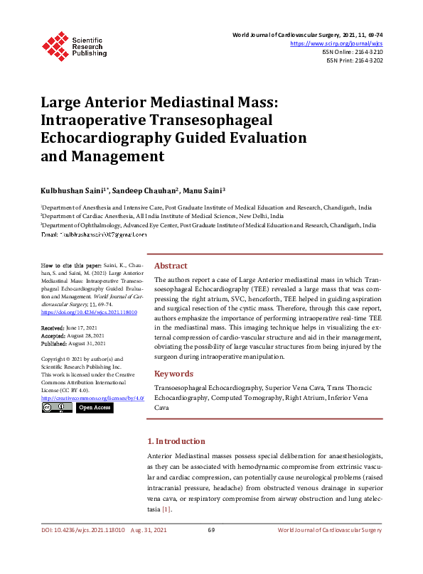 (PDF) Large Anterior Mediastinal Mass: Intraoperative Transesophageal ...