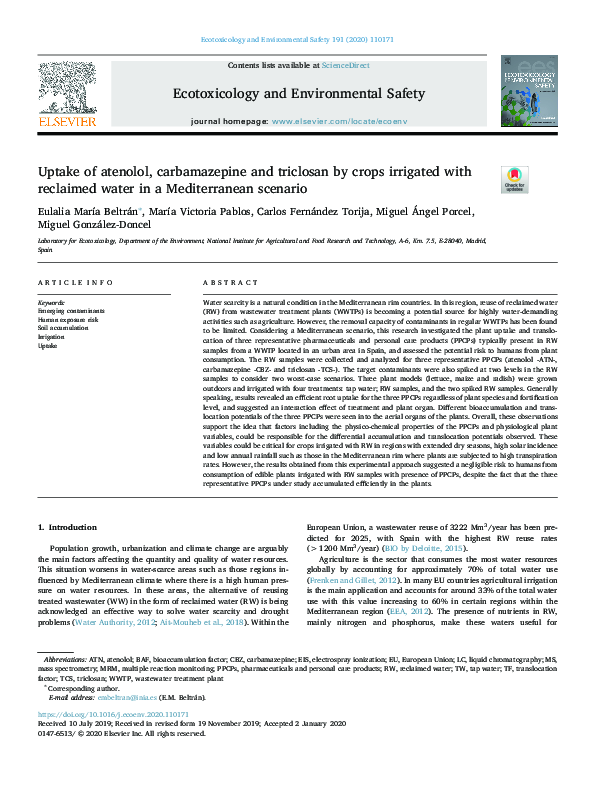 (PDF) Uptake of atenolol, carbamazepine and triclosan by crops ...