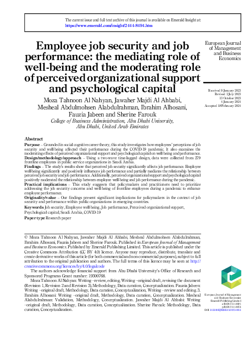 (PDF) Employee job security and job performance: the mediating role of well-being and the ...
