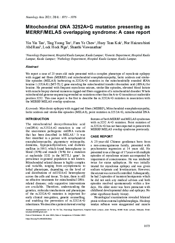 (PDF) Mitochondrial DNA 3252A>G mutation presenting as MERRF/MELAS ...