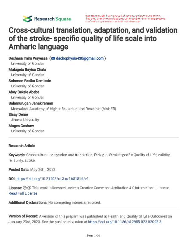 (PDF) Cross-cultural translation, adaptation, and validation of the stroke- specific quality of ...