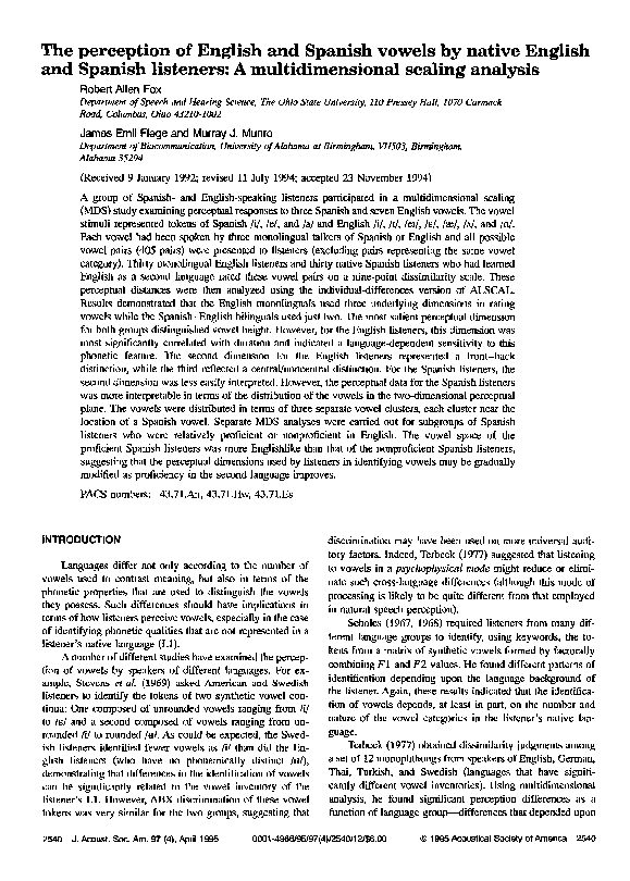 (PDF) The perception of English and Spanish vowels by native English and Spanish listeners: A ...
