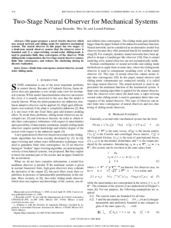 (PDF) Two-Stage Neural Observer for Mechanical Systems