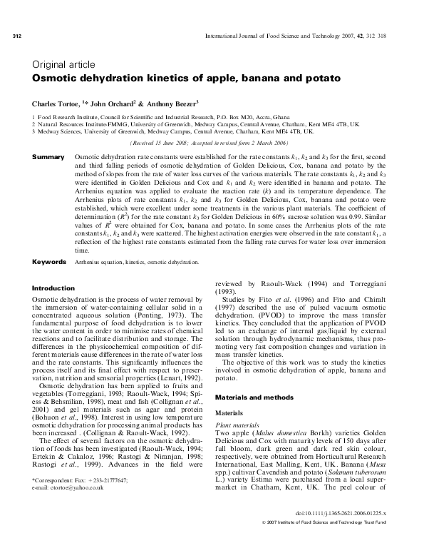 (PDF) Osmotic dehydration kinetics of apple, banana and potato