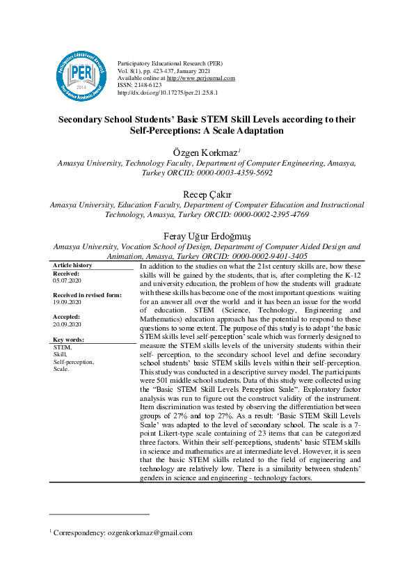 (PDF) Secondary School Students’ Basic STEM Skill Levels according to their Self-Perceptions: A ...