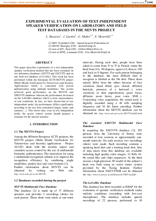 (PDF) Experimental evaluation of text-dependent speaker verification on laboratory and field ...
