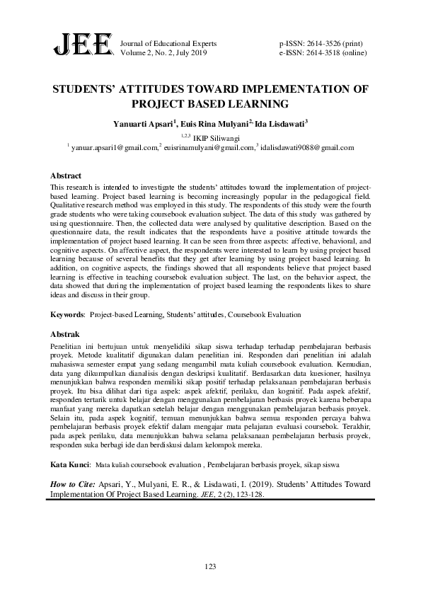 (PDF) Students’ Attitudes Toward Implementation of Project Based Learning