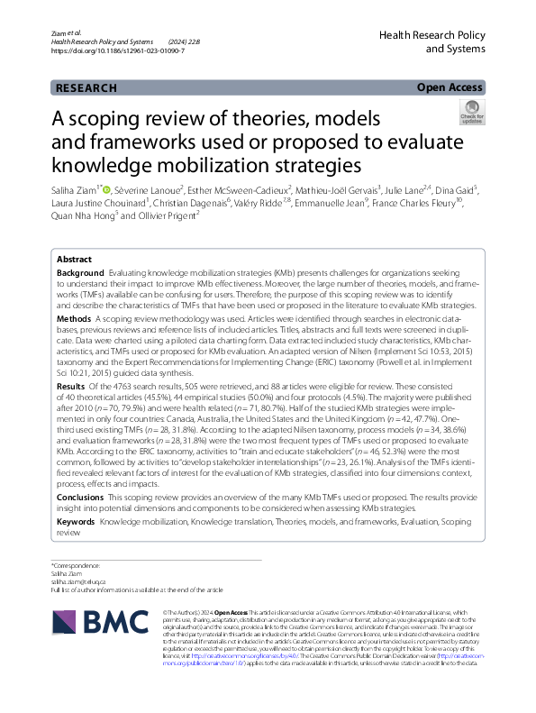 (PDF) A scoping review of theories, models and frameworks used or proposed to evaluate knowledge ...