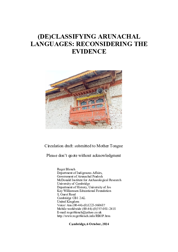 (PDF) DE)CLASSIFYING ARUNACHAL LANGUAGES: RECONSIDERING THE EVIDENCE