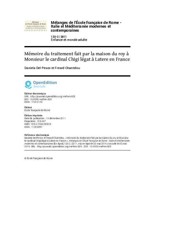 (PDF) Mémoire du traitement fait par la maison du roy à Monsieur le cardinal Chigi légat à ...