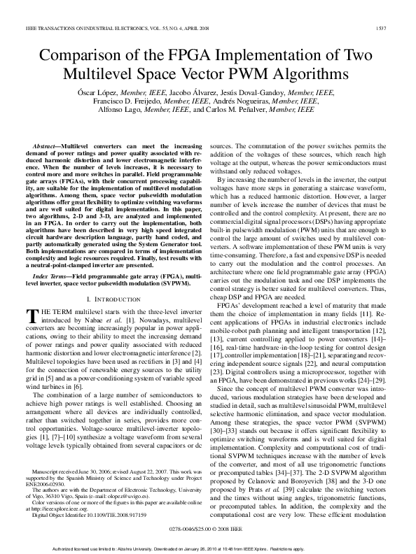 (PDF) Comparison of the FPGA Implementation of Two Multilevel Space Vector PWM Algorithms