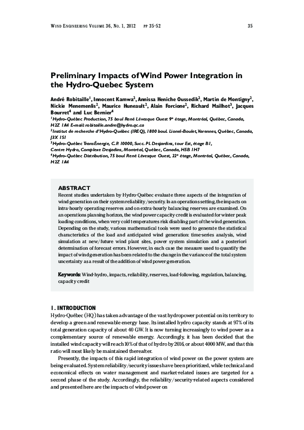 (PDF) Preliminary Impacts of Wind Power Integration in the Hydro-Quebec ...