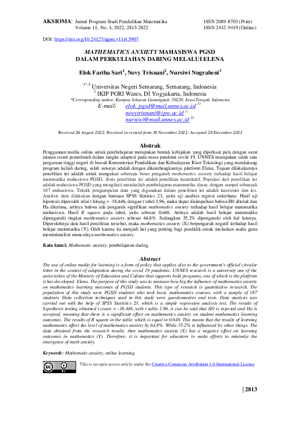 (PDF) Mathematics Anxiety Mahasiswa PGSD Dalam Perkuliahan Daring Melalui Elena