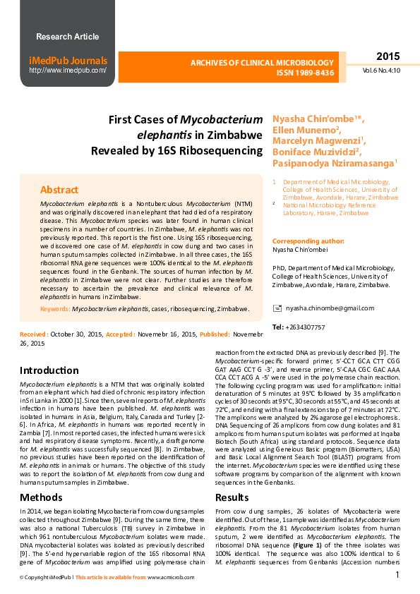 (PDF) First Cases of Mycobacterium elephantis in Zimbabwe Revealed by ...