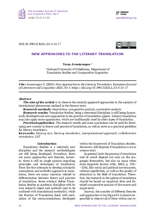 (PDF) New Approaches to the Literary Translation