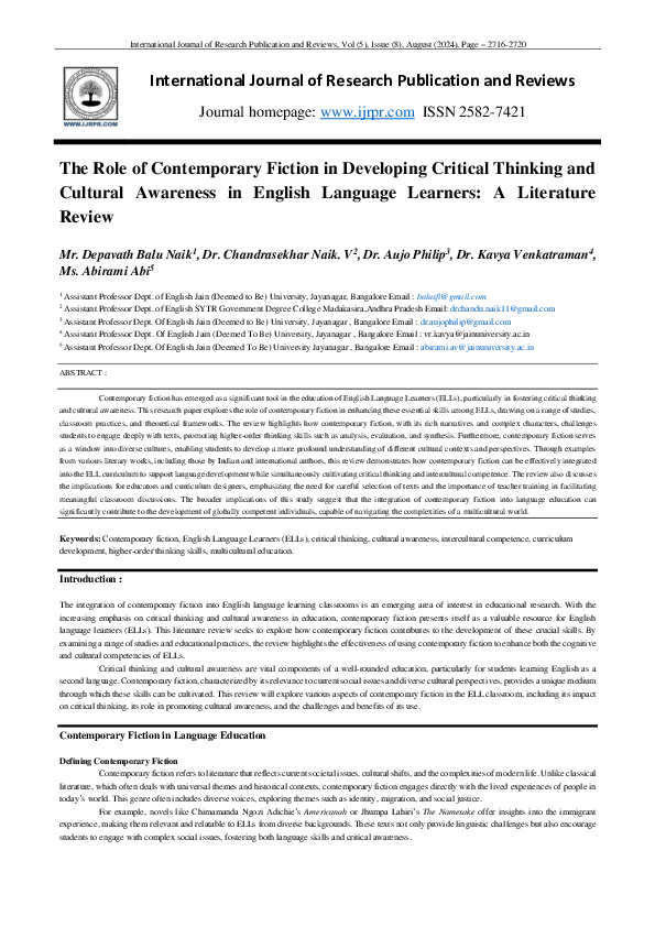 (PDF) The Role of Contemporary Fiction in Developing Critical Thinking ...