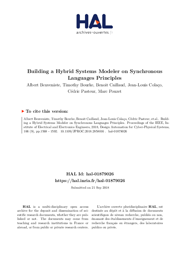 (PDF) Building a Hybrid Systems Modeler on Synchronous Languages Principles | Benoît Caillaud ...