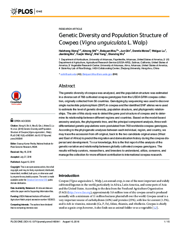 (PDF) Genetic Diversity and Population Structure of Cowpea (Vigna unguiculata L. Walp)
