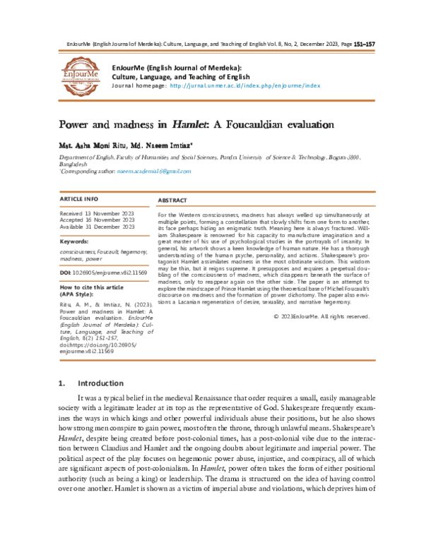 (PDF) Power and madness in Hamlet: A Foucauldian evaluation