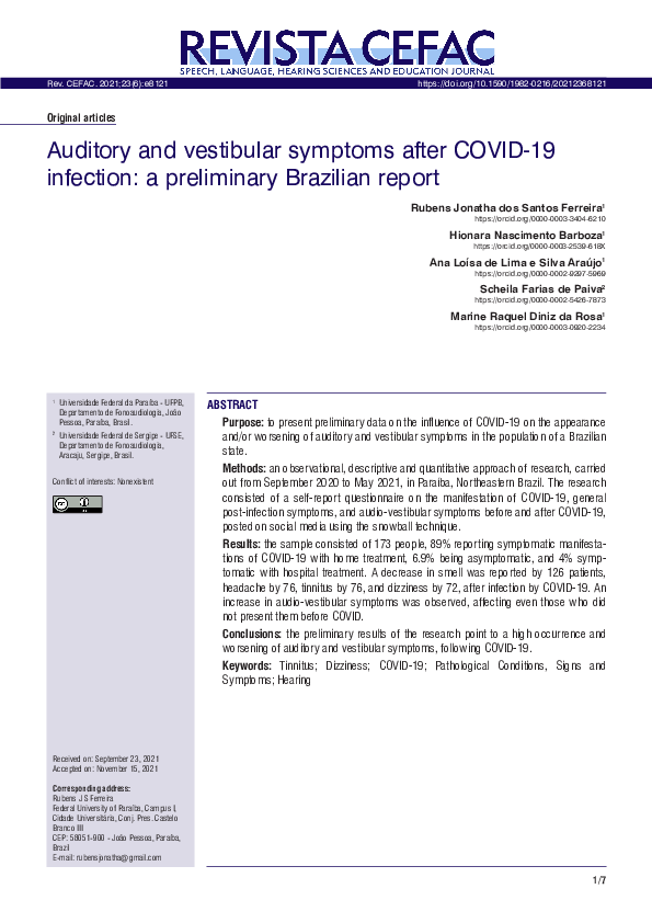 (PDF) Auditory and vestibular symptoms after COVID-19 infection: a ...