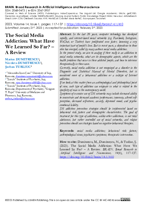 (PDF) The Social Media Addiction: What Have We Learned So Far? – A Review