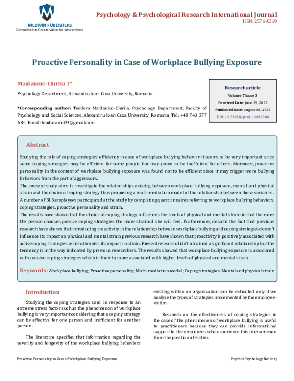 (PDF) Proactive Personality in Case of Workplace Bullying Exposure