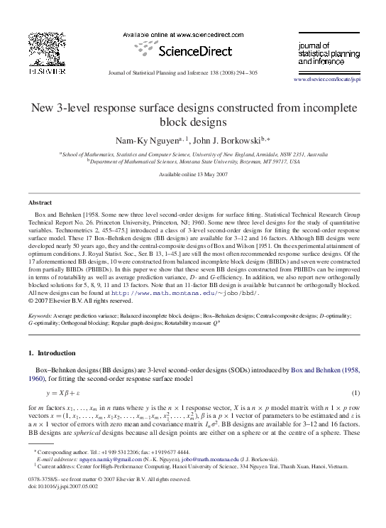 (PDF) New 3-level response surface designs constructed from incomplete block designs | John J ...