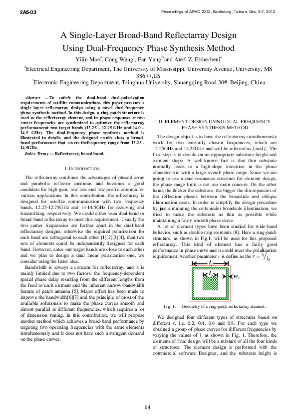 (PDF) A single-layer broad-band reflectarray design using dual-frequency phase synthesis method