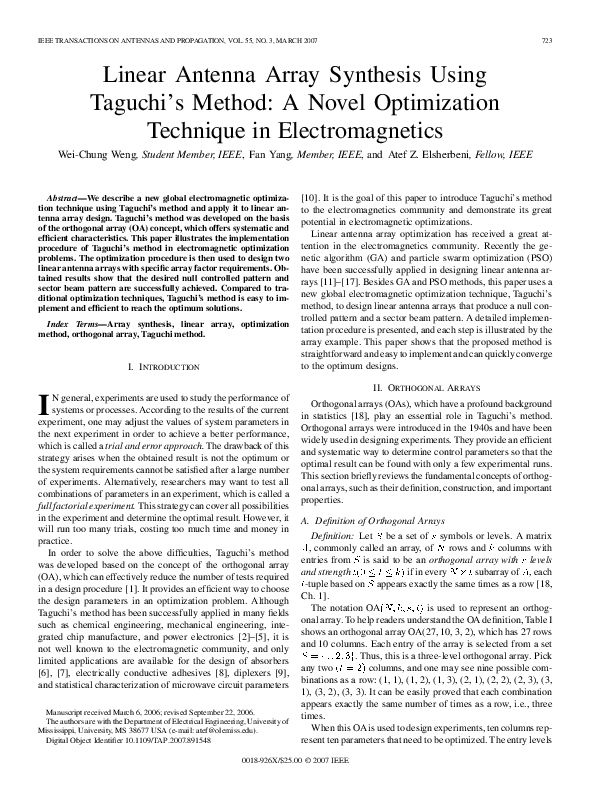 (PDF) Linear Antenna Array Synthesis Using Taguchi's Method: A Novel Optimization Technique in ...