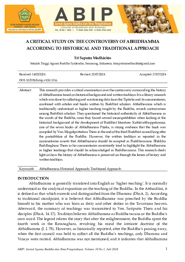 (PDF) A CRITICAL STUDY ON THE CONTROVERSY OF ABHIDHAMMA ACCORDING TO ...