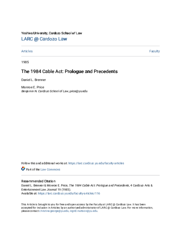 (PDF) The 1984 Cable Act: Prologue and Precedents