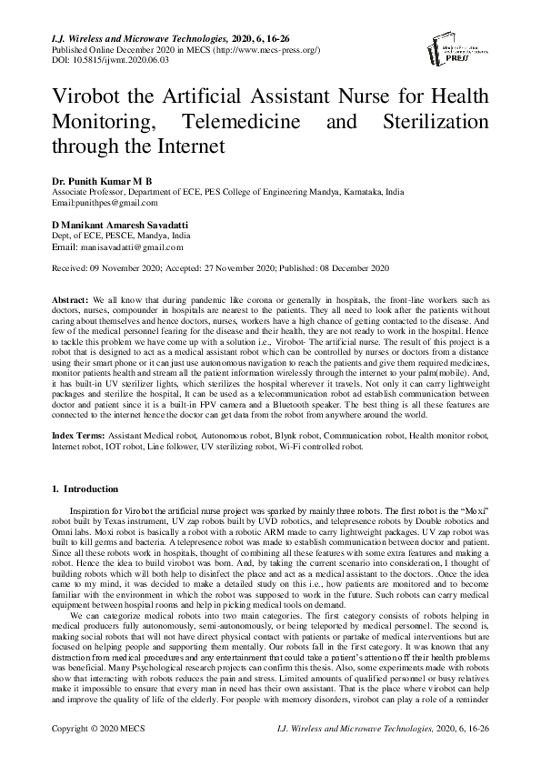 (PDF) Virobot the Artificial Assistant Nurse for Health Monitoring ...