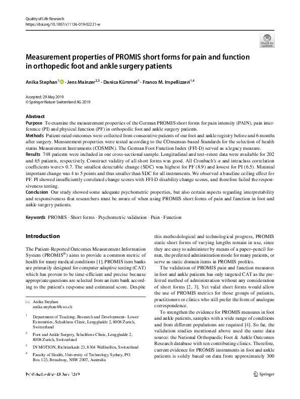 (PDF) Measurement properties of PROMIS short forms for pain and ...