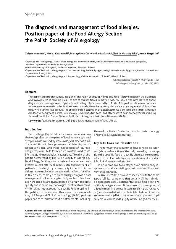 (PDF) The diagnosis and management of food allergies. Position paper of ...