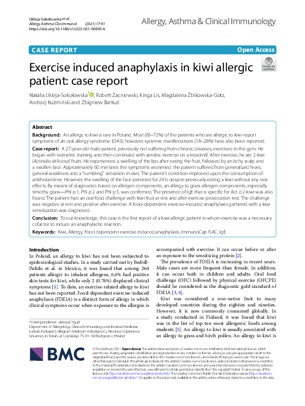 (PDF) Exercise induced anaphylaxis in kiwi allergic patient: case report