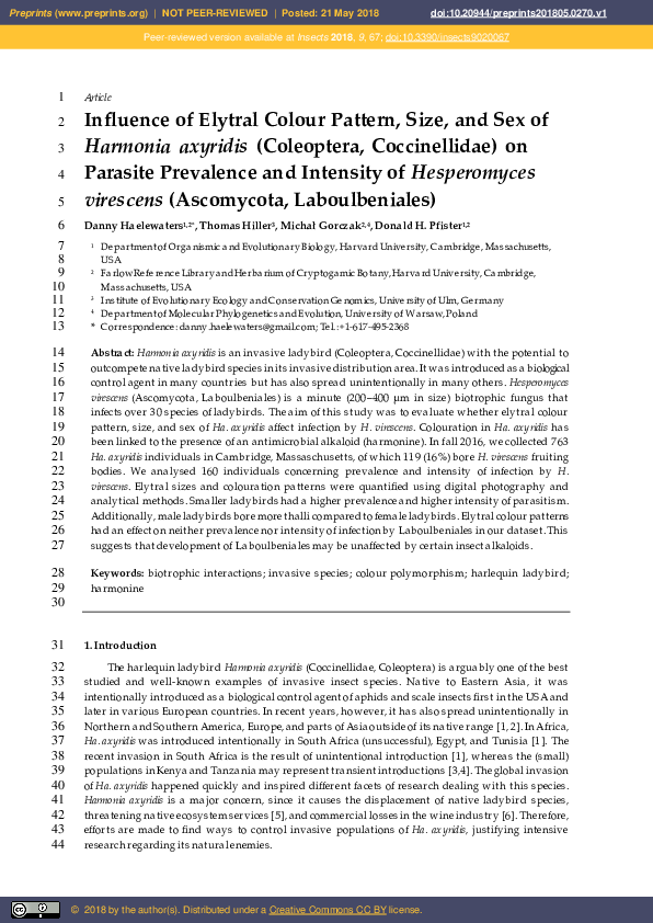 (PDF) Influence of Elytral Colour Pattern, Size, and Sex of Harmonia ...