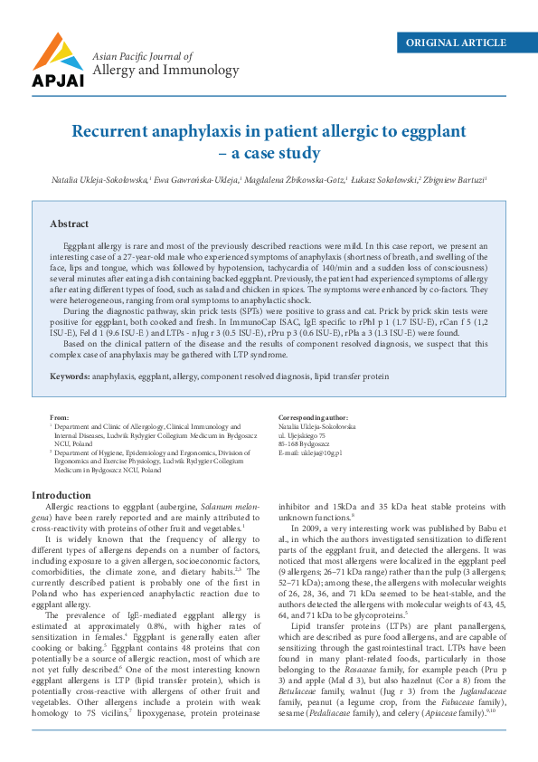 (PDF) Recurrent anaphylaxis in patient allergic to eggplant - a case study