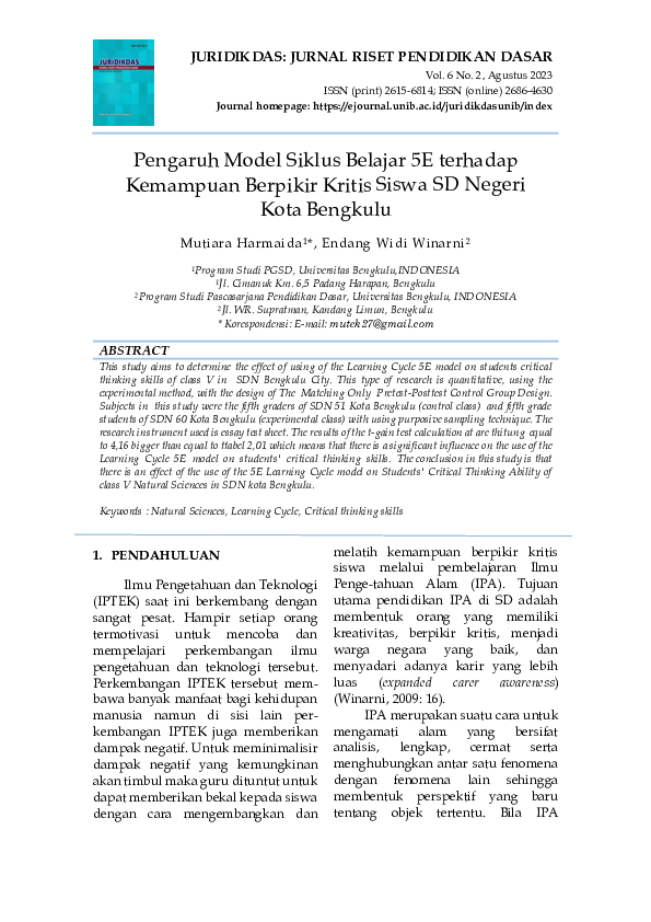 (PDF) Pengaruh Penggunaan Model Siklus Belajar (Learning Cycle) 5E Terhadap Kemampuan Berpikir ...