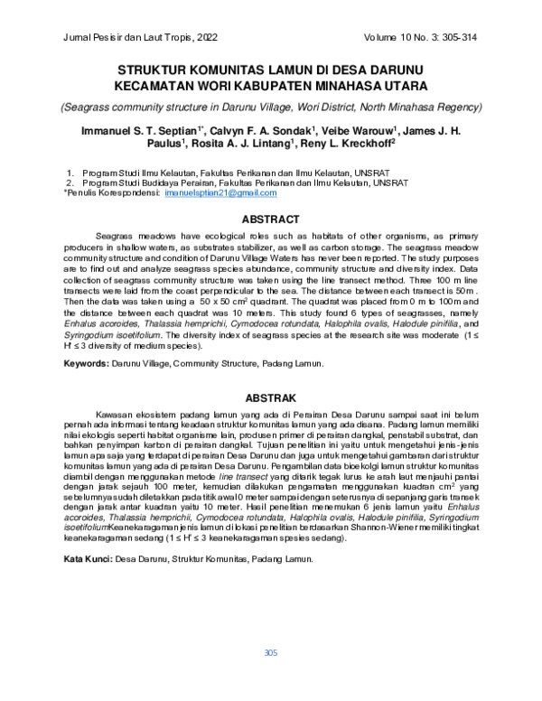 (PDF) Struktur Komunitas Lamun DI Desa Darunu Kecamatan Wori Kabupaten ...