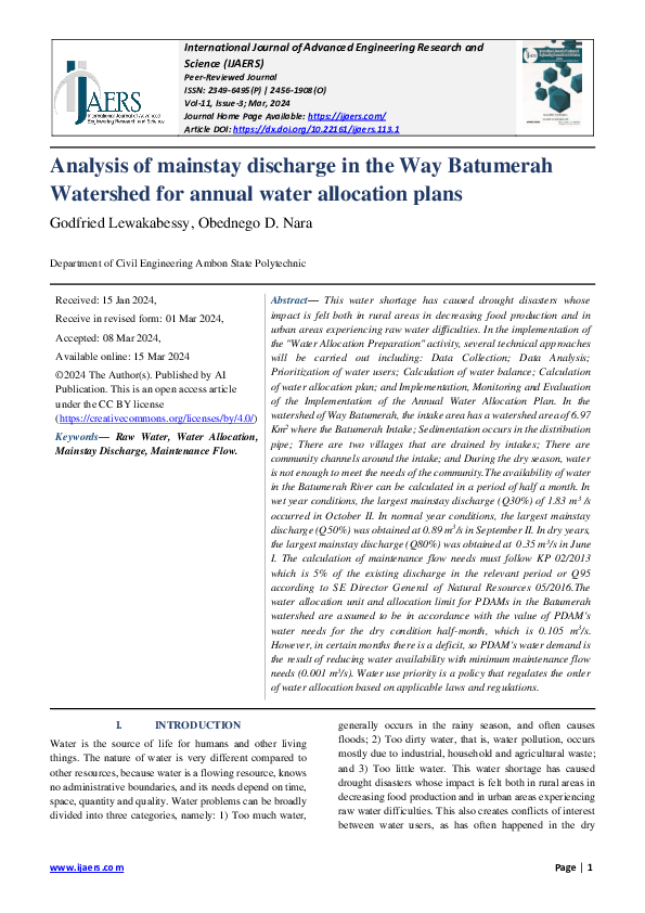 (PDF) Analysis of mainstay discharge in the Way Batumerah Watershed for annual water allocation ...