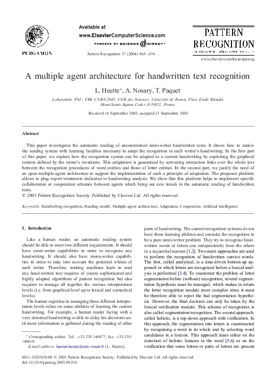 (PDF) A multiple agent architecture for handwritten text recognition