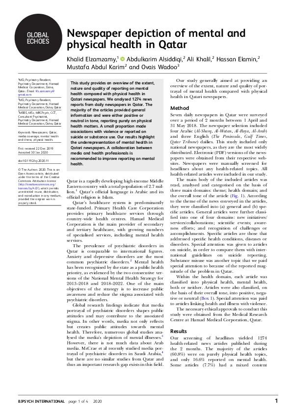 (PDF) Newspaper depiction of mental and physical health in Qatar