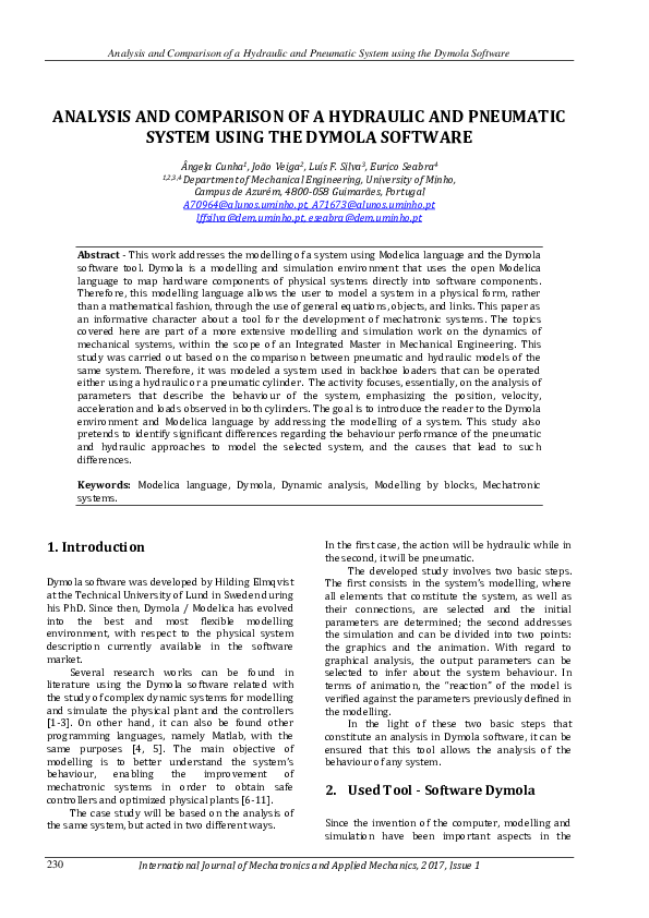(PDF) Analysis and Comparison of a Hydraulic and Pneumatic System Using the Dymola Software