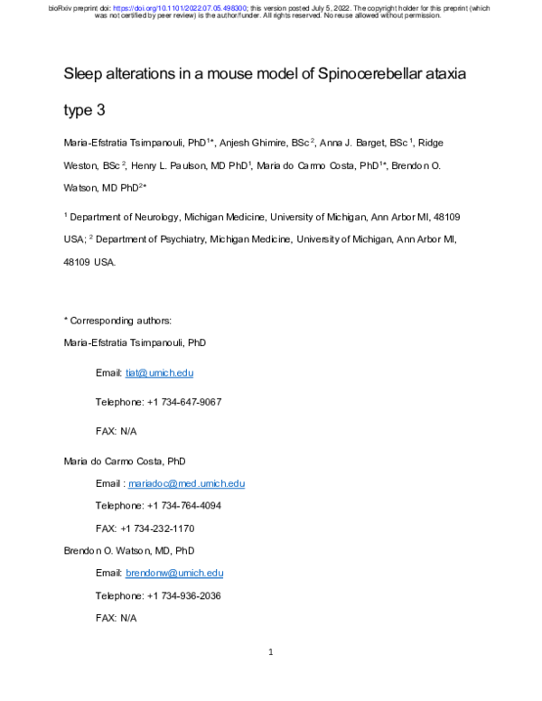(PDF) Sleep alterations in a mouse model of Spinocerebellar ataxia type ...