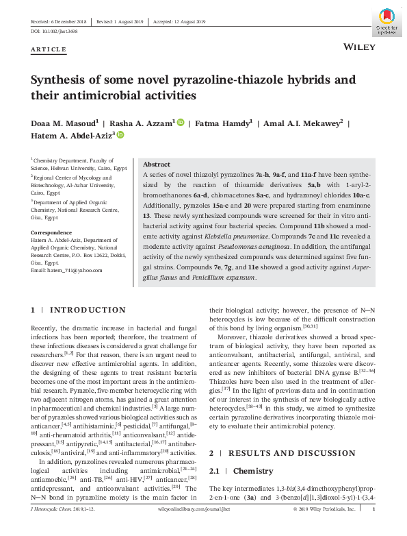 (PDF) Synthesis of some novel pyrazoline‐thiazole hybrids and their antimicrobial activities